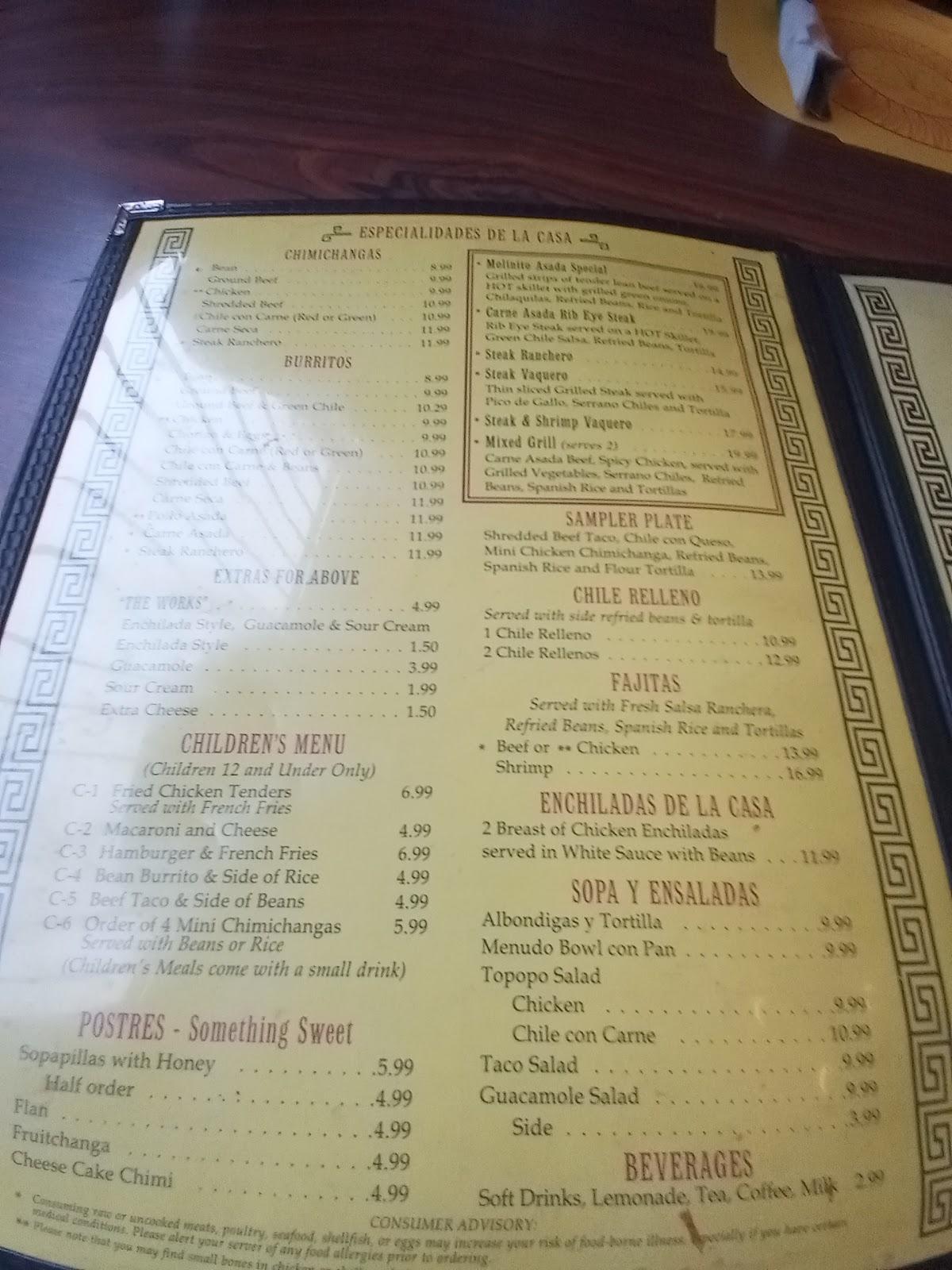 Menu at El Molinito restaurant, Tucson, E 22nd St