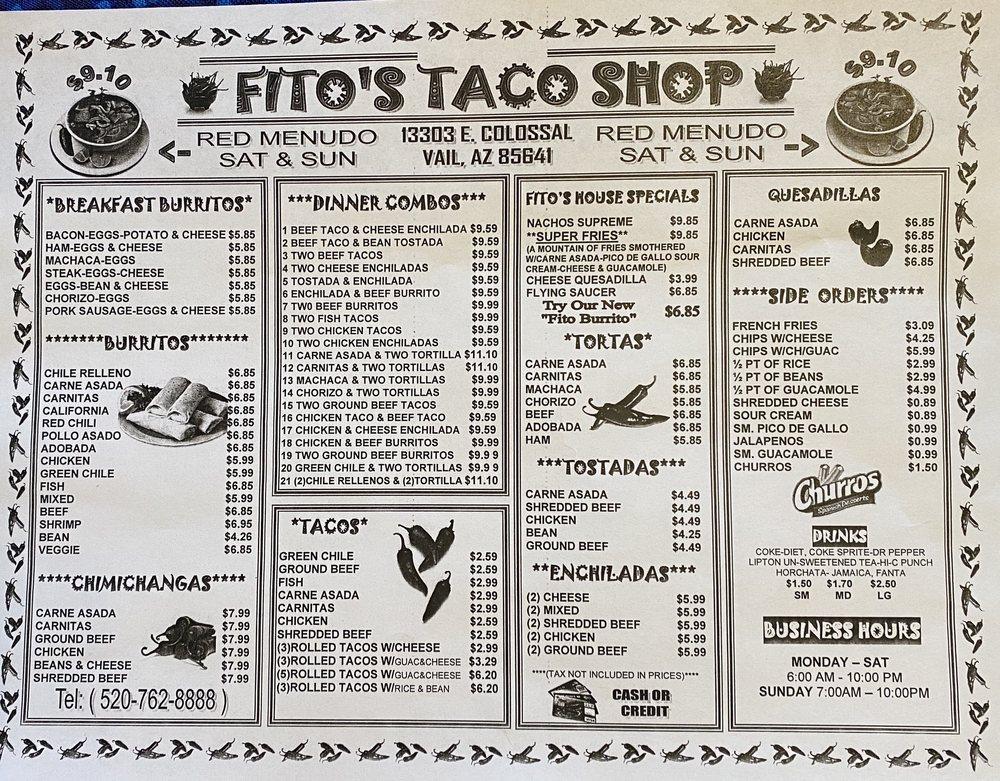 Menu at Fito's Taco Shop restaurant, Vail, E Colossal Cave Rd