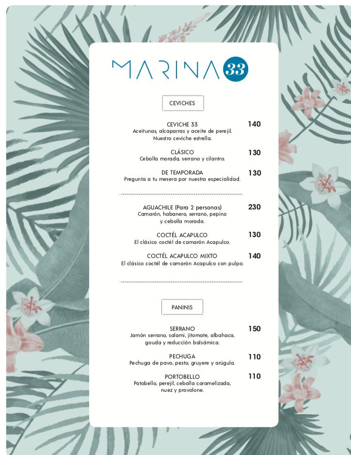 Menu at Marina 33 restaurant, Valle de Bravo, Plaza Valle Embarcadero