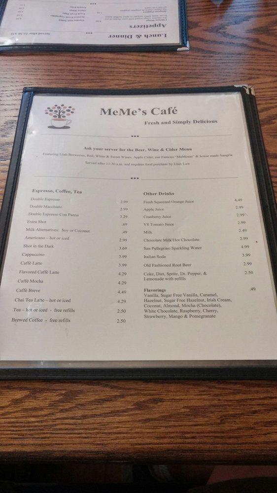 Menu at MeMe's Café cafe, Springdale