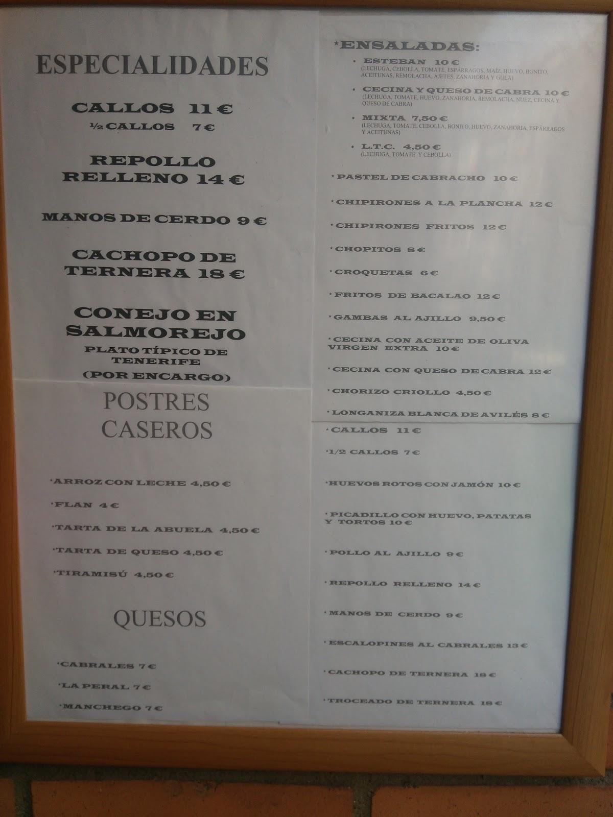 Menu at Mesón Manuela restaurant, Oviedo