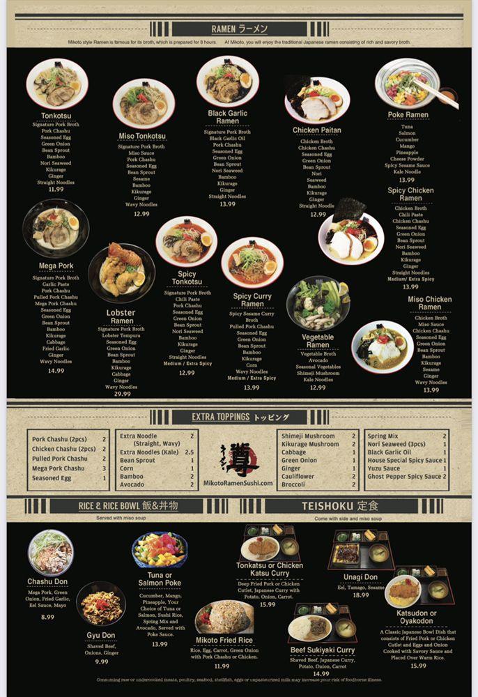 Carta de Mikoto Ramen Bar and Sushi, Southlake
