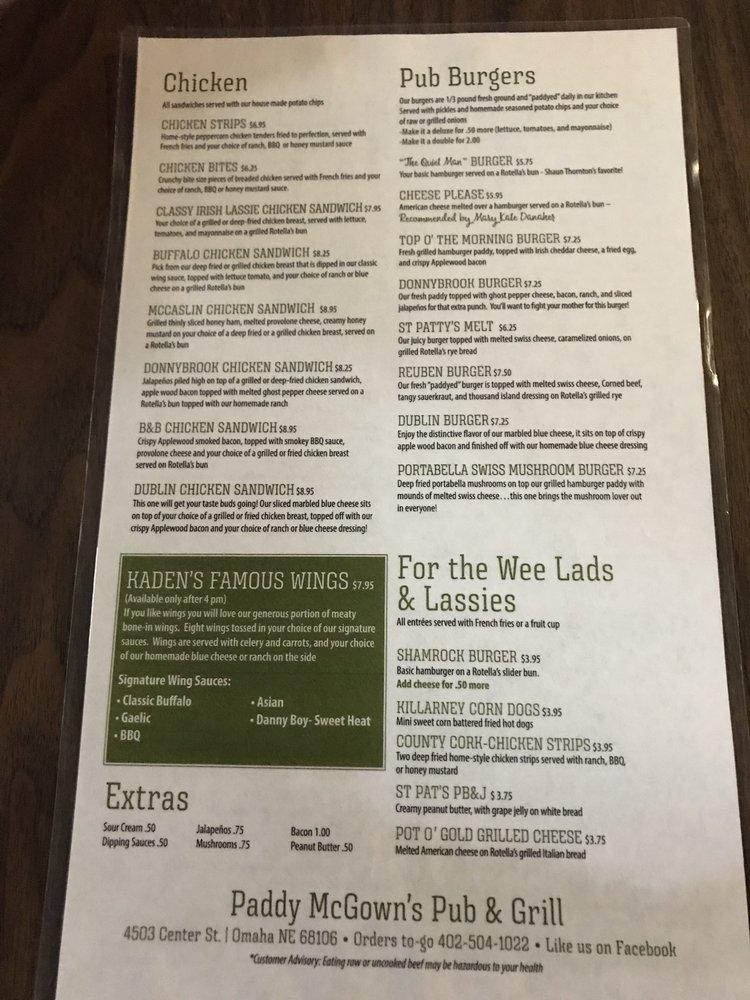 Menu at Paddy McGown's Pub and Grill, Omaha