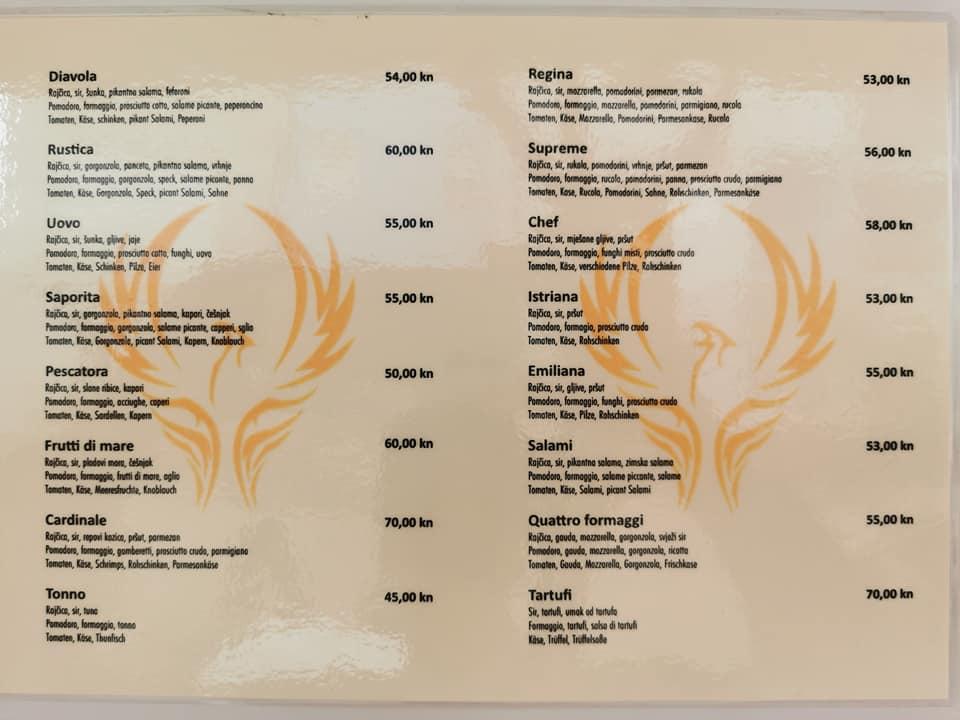 Menu da Pizzeria FENIX, Umago