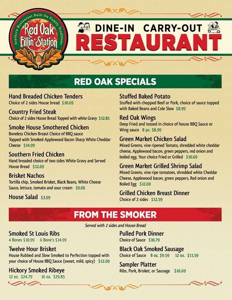 Menu at Red Oak Fillin' Station restaurant, Hot Springs