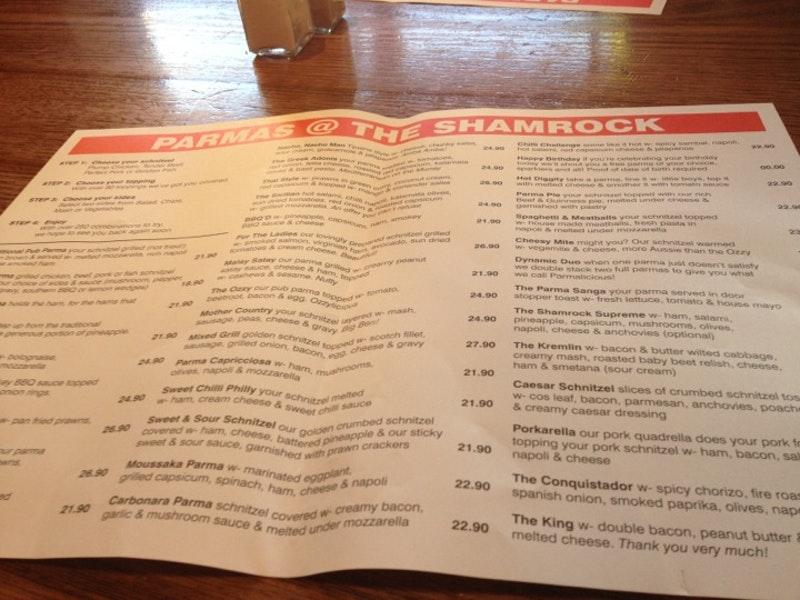 Menu at Shamrock Hotel Echuca pub & bar, Echuca