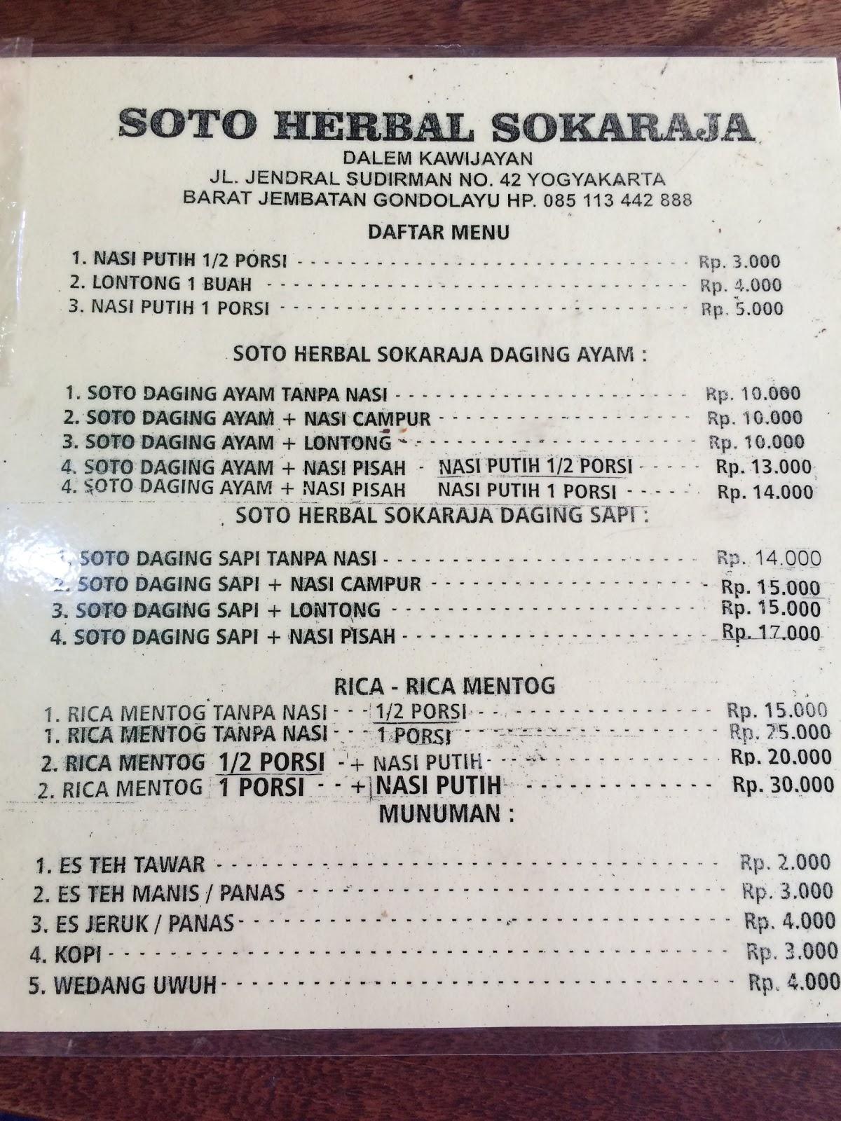 Menu at Soto Sukaraja & Rica-Rica Bebek Dalem Kawijayan restaurant ...
