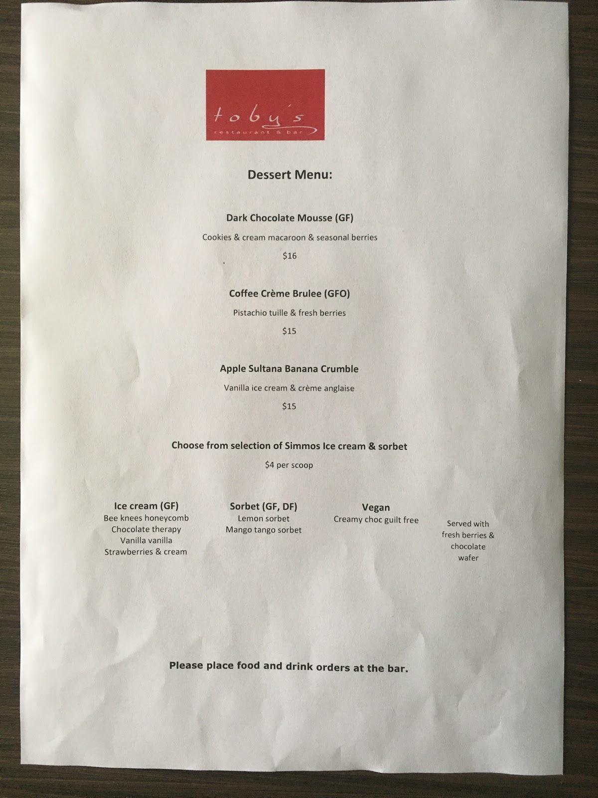 Carta de Toby's Restaurant & Bar, Marybrook