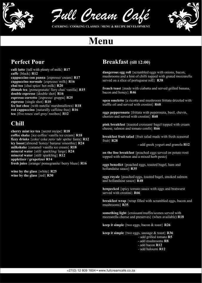 Menu at Full Cream Café restaurant, Pretoria, 76 Pony St