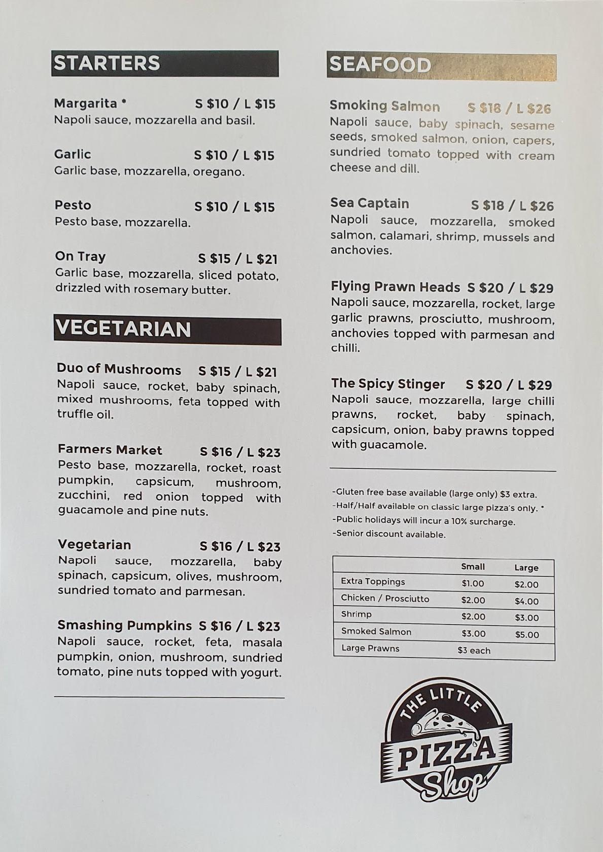 Menu at The Little Pizza Shop restaurant, San Remo
