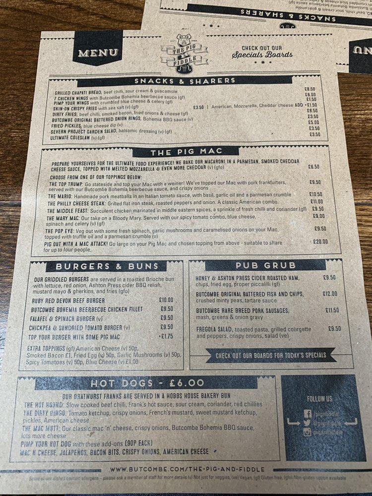 Menu at The Pig & Fiddle, Bath pub & bar, Bath