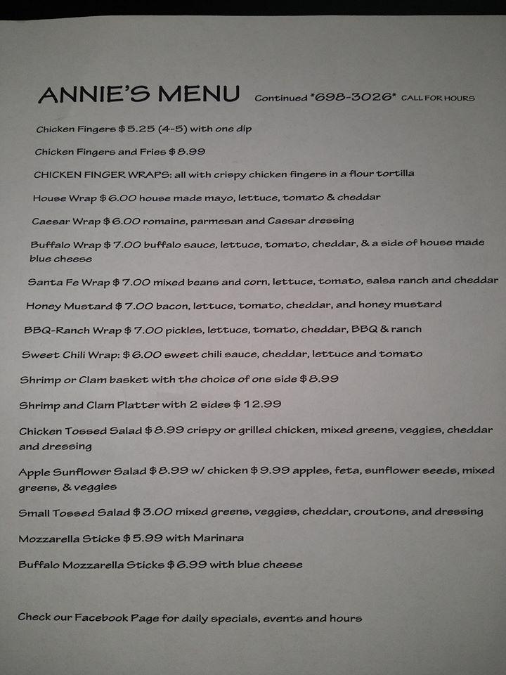 Menu at Annie's restaurant, Canisteo