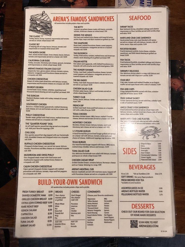 Menu at Arena's Long Neck restaurant, Long Neck
