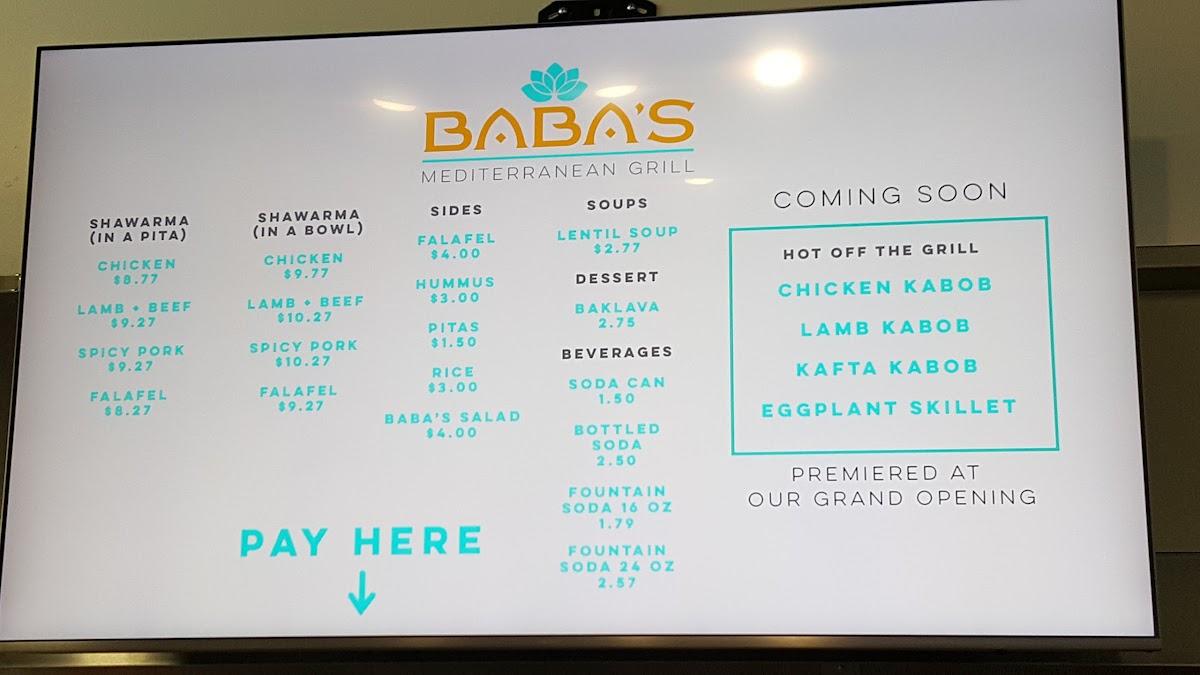 Menu at Baba's Mediterranean Grill restaurant, Portland, NE Cascades Pkwy