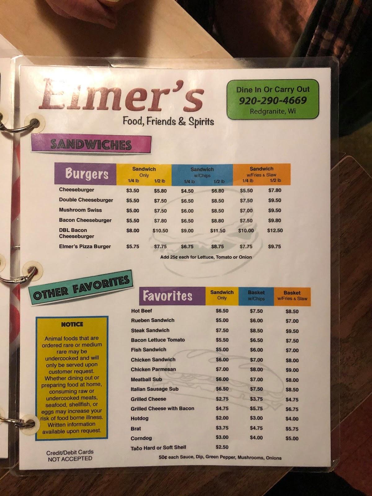 Menu at Elmer's Place pizzeria, Redgranite