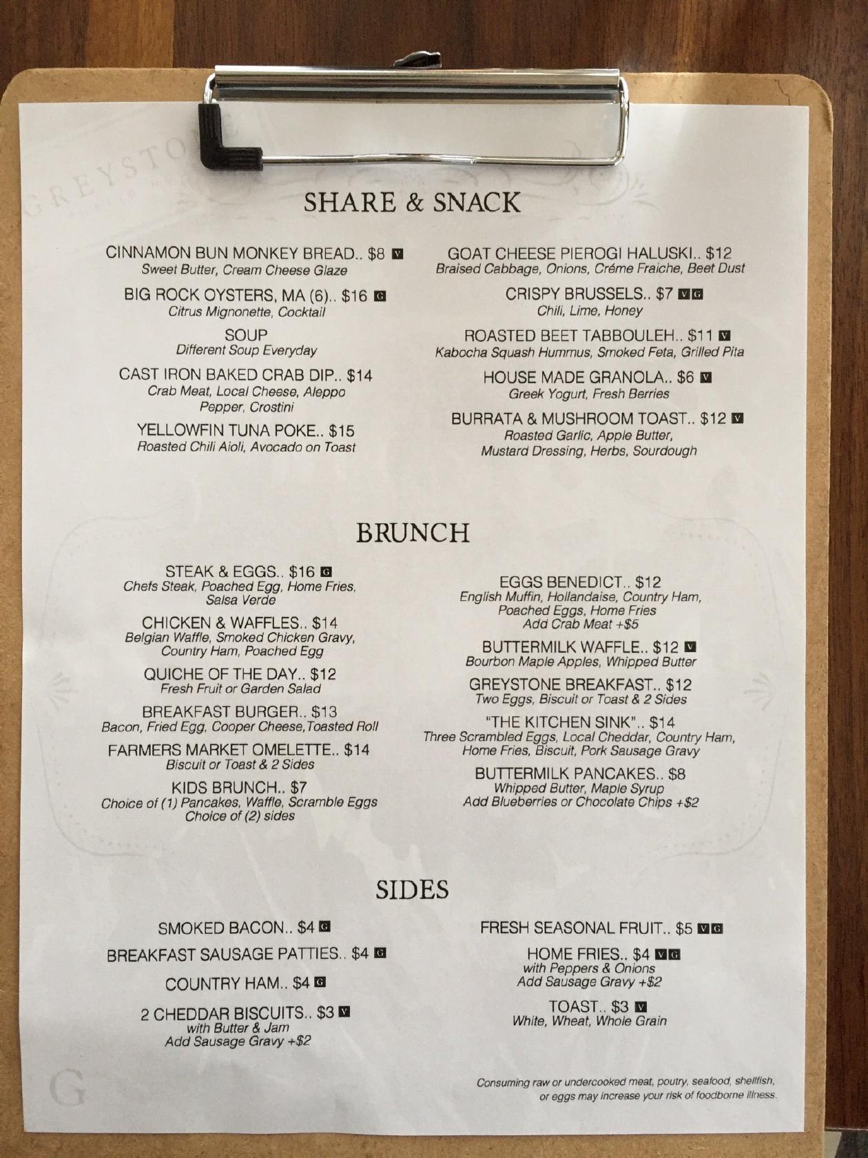 Menu at Greystone Public House, Harrisburg