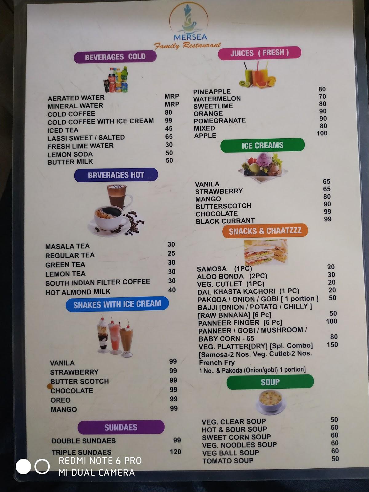 Menu at Mersea, Puducherry