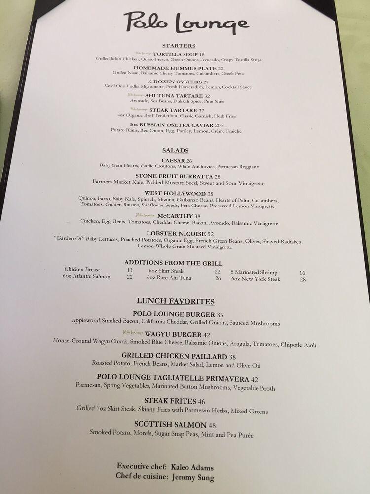 Menu at Polo Lounge restaurant, Beverly Hills