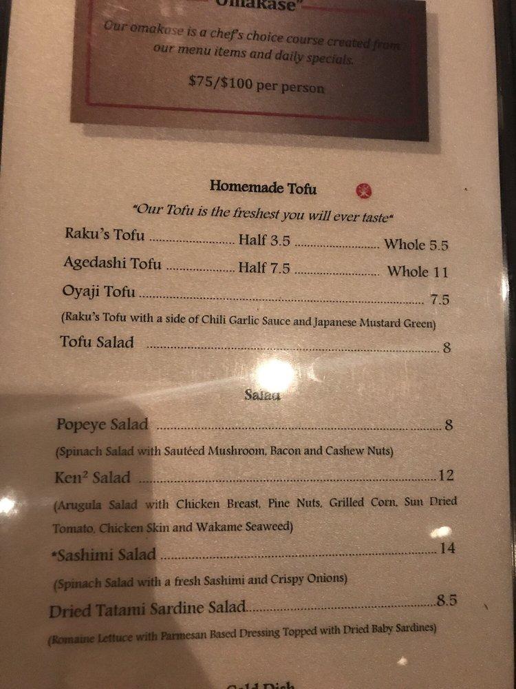 Menu at Raku restaurant, Las Vegas