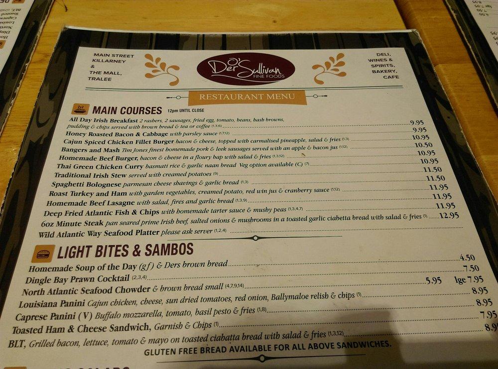 Menu at Der O'Sullivan cafe, Killarney