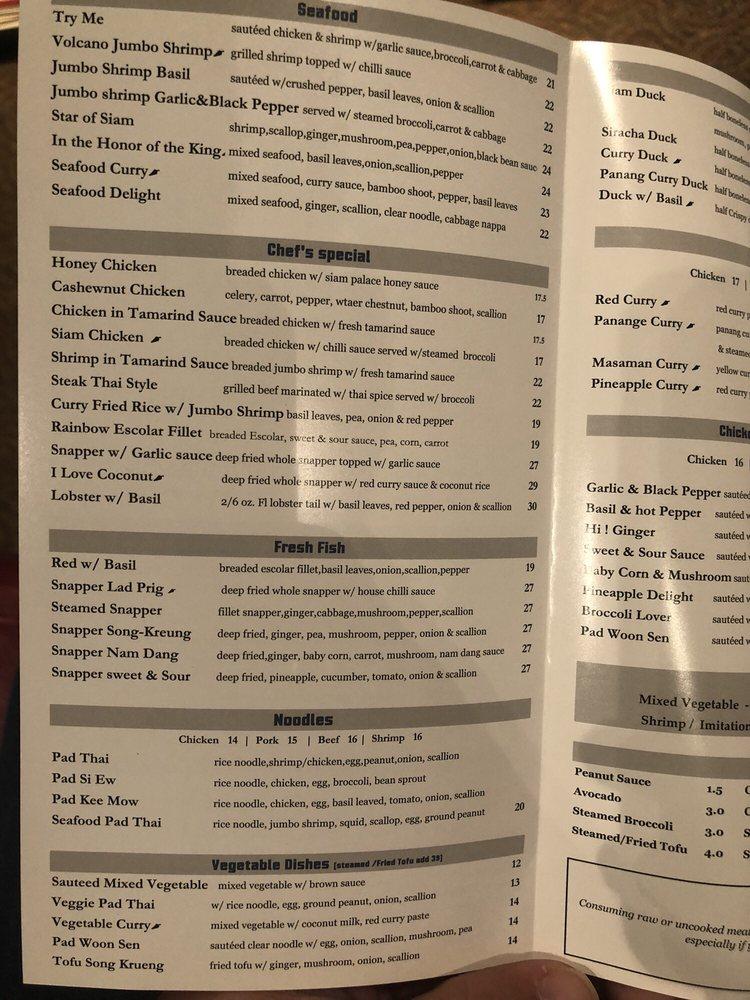 Menu at Siam Palace restaurant, Miami, SW 72nd St