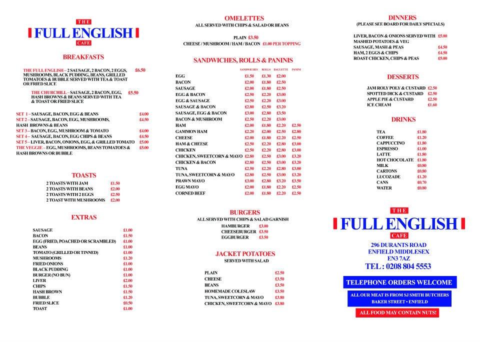 Menu at The Full English cafe, London, 296 Durants Rd