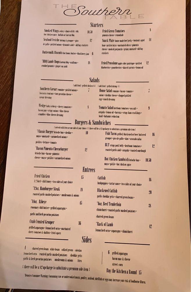 Menu at The Southern Table restaurant, Pulaski
