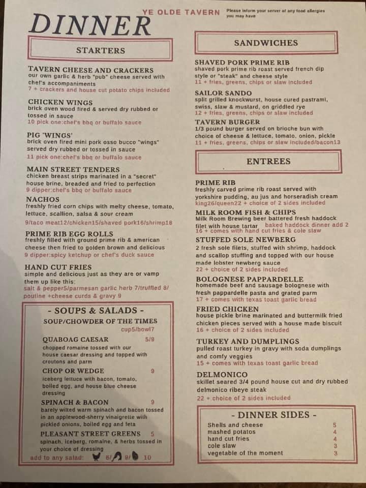 Menu at Ye Olde Tavern pizzeria, West Brookfield