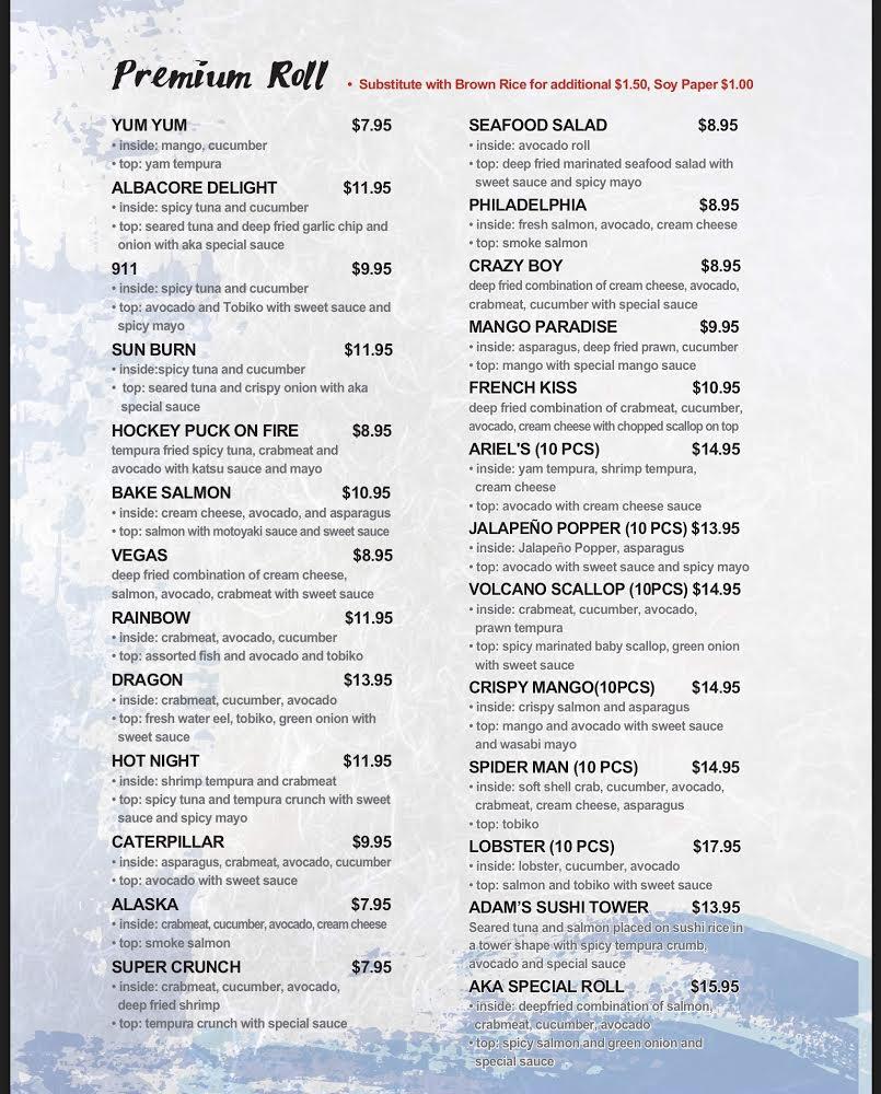 Menu at Aka Sushi in Surrey restaurant, Surrey