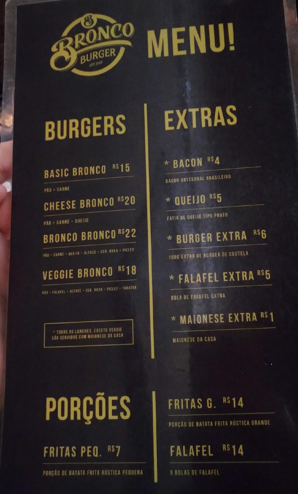 Menu at Bronco Burger restaurant, Campinas, R. Agostinho Pattaro