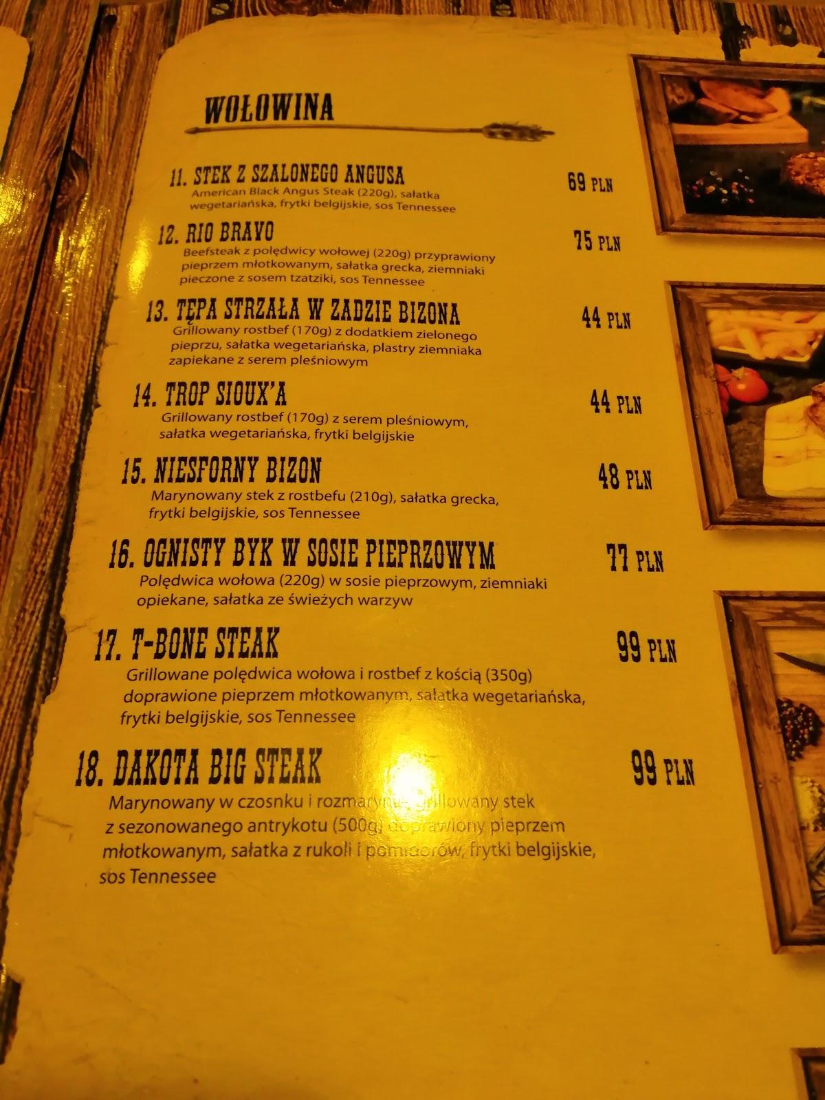 Menu at Sioux steakhouse, Kraków