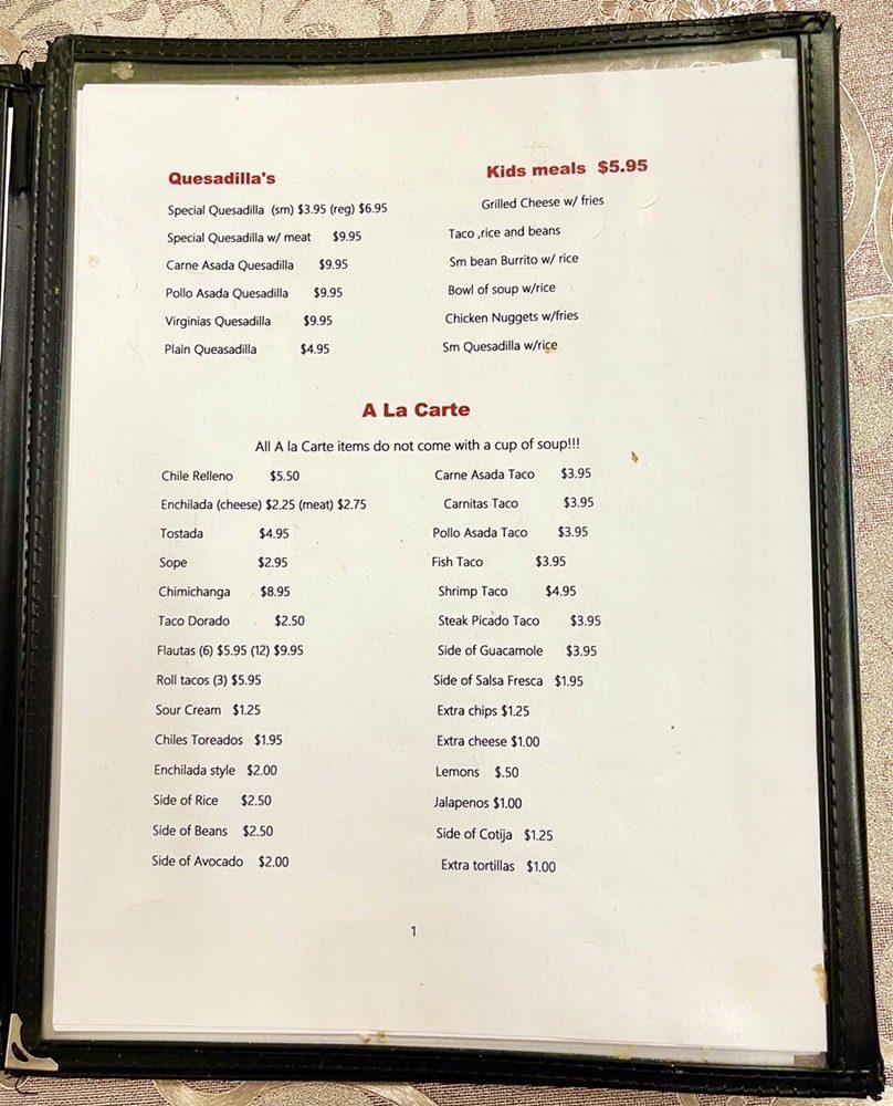 Menu at Virginia's Casita restaurant, Brawley