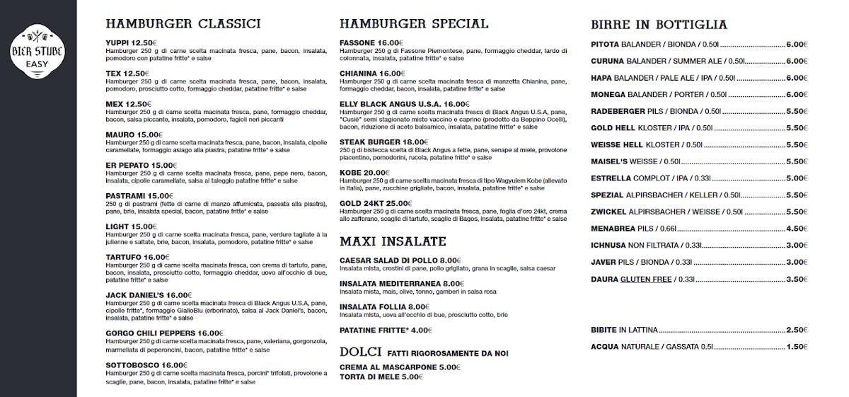 Menu at Bier Stube EASY restaurant, Brescia