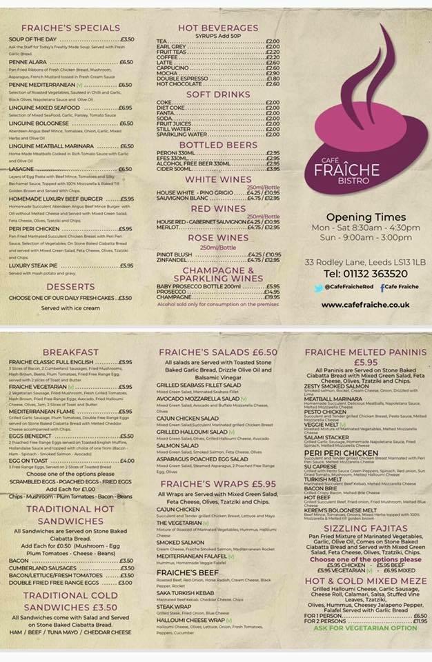 Menu at Cafe Fraiche, Leeds, 33 Rodley Ln