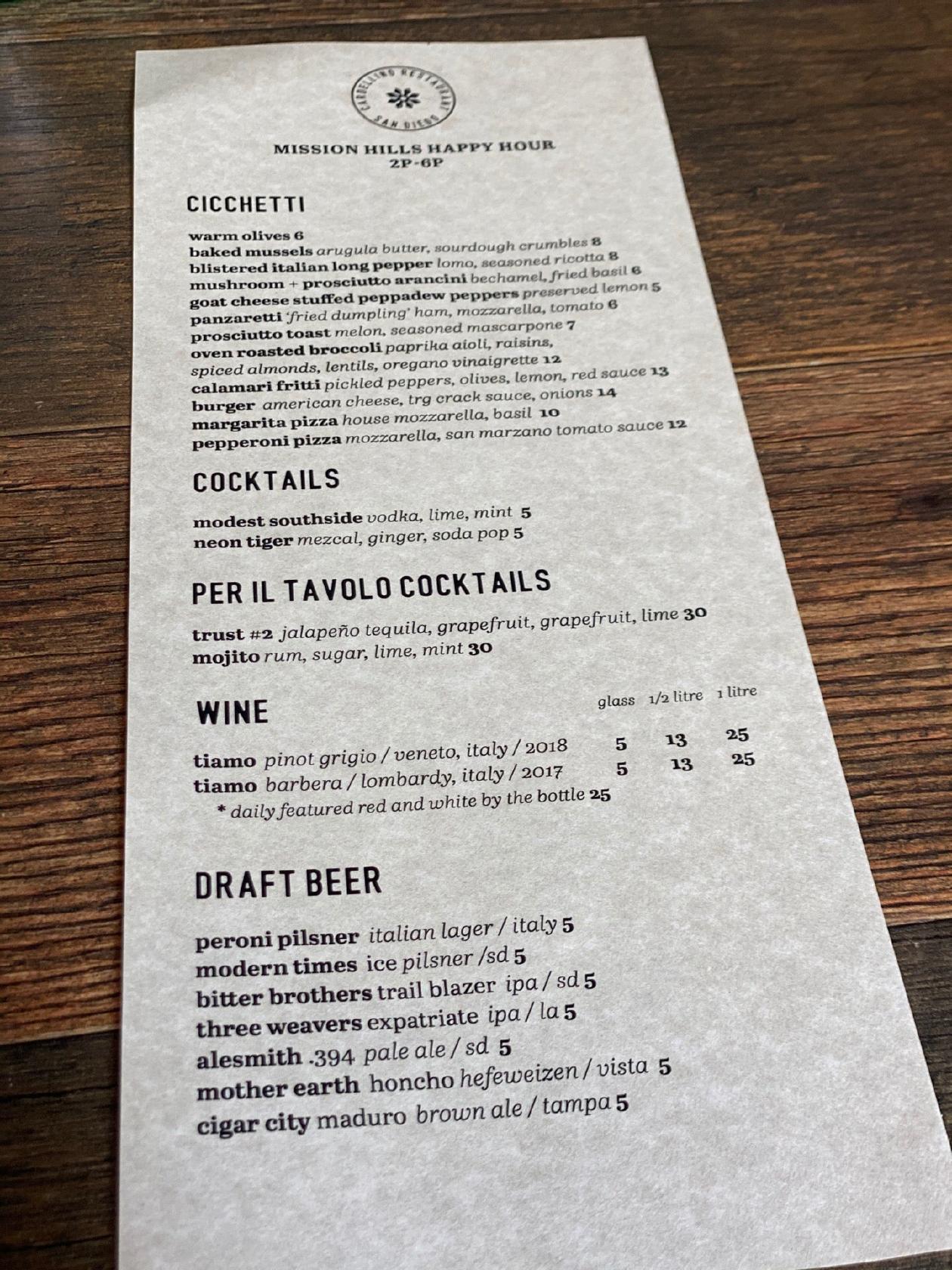 Menu at Cardellino pub & bar, San Diego