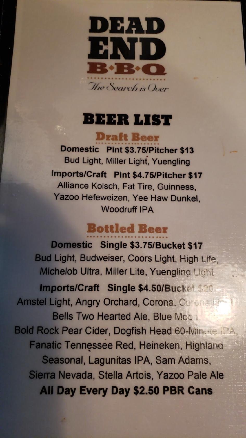 Menu at Dead End BBQ, Knoxville, Sutherland Ave