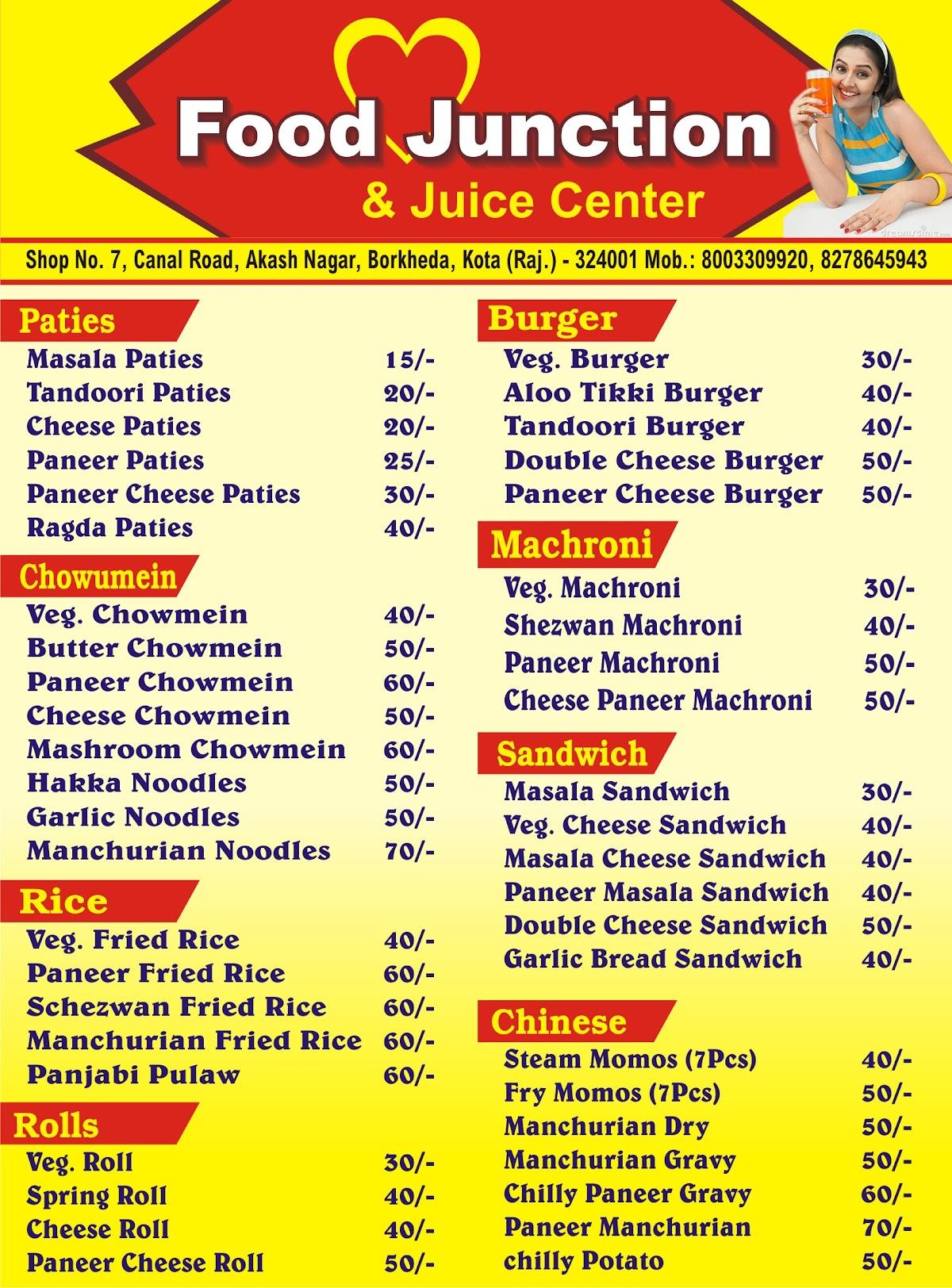 Menu at Food junction & juice center, Kota, Shop no.-7