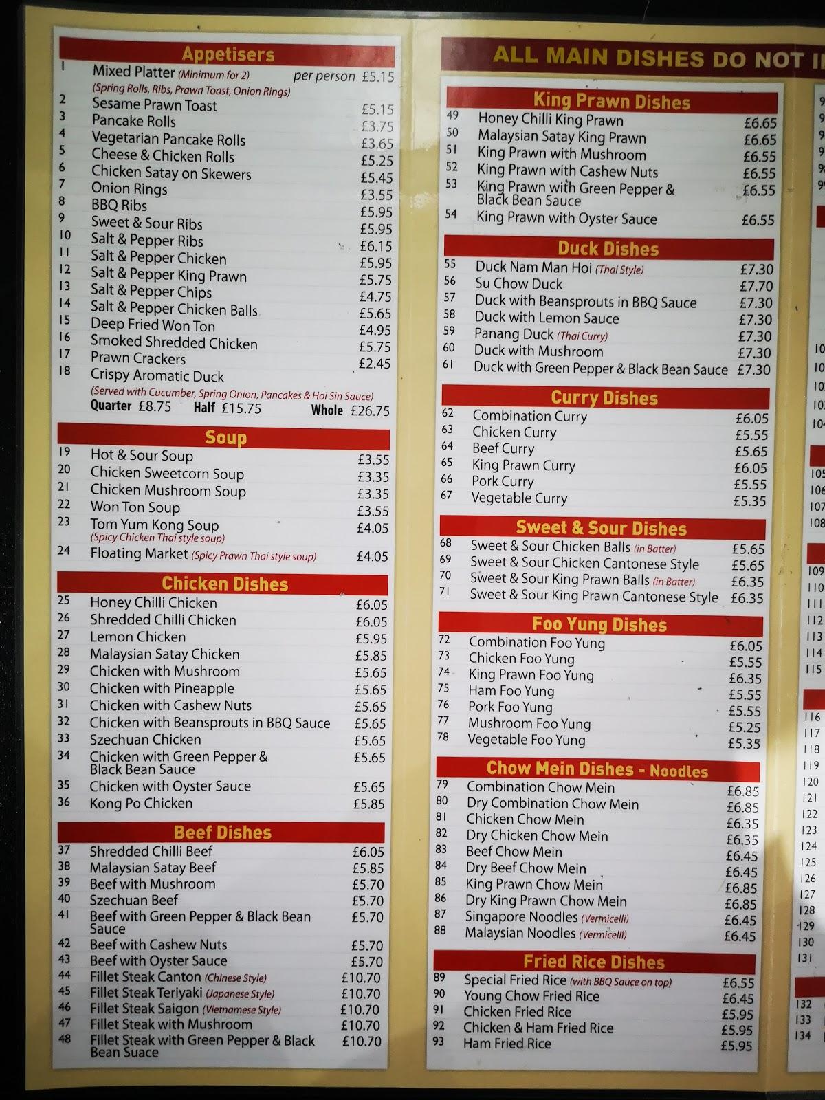 Carta del restaurante Golden Palace, Aberdeen