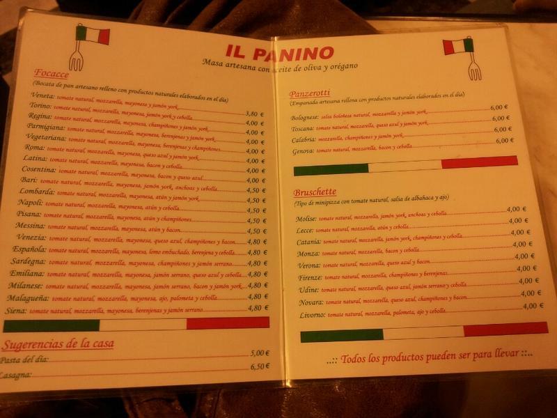 Menu at Il panino restaurant, Málaga, C/ José Iturbi