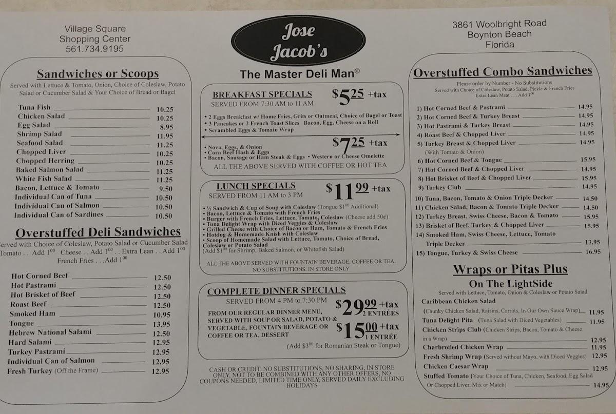 Menu at Jacob's Restaurant & Delicatessen, Boynton Beach