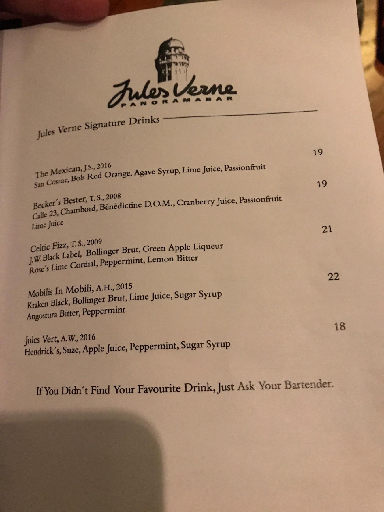 Menu da Jules Verne Panoramabar, Zurigo