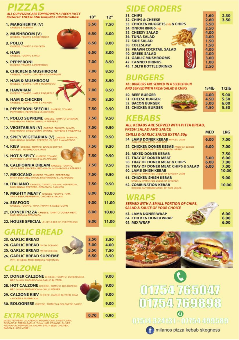 Menu at Milano's Pizza & Kebab fast food, Skegness