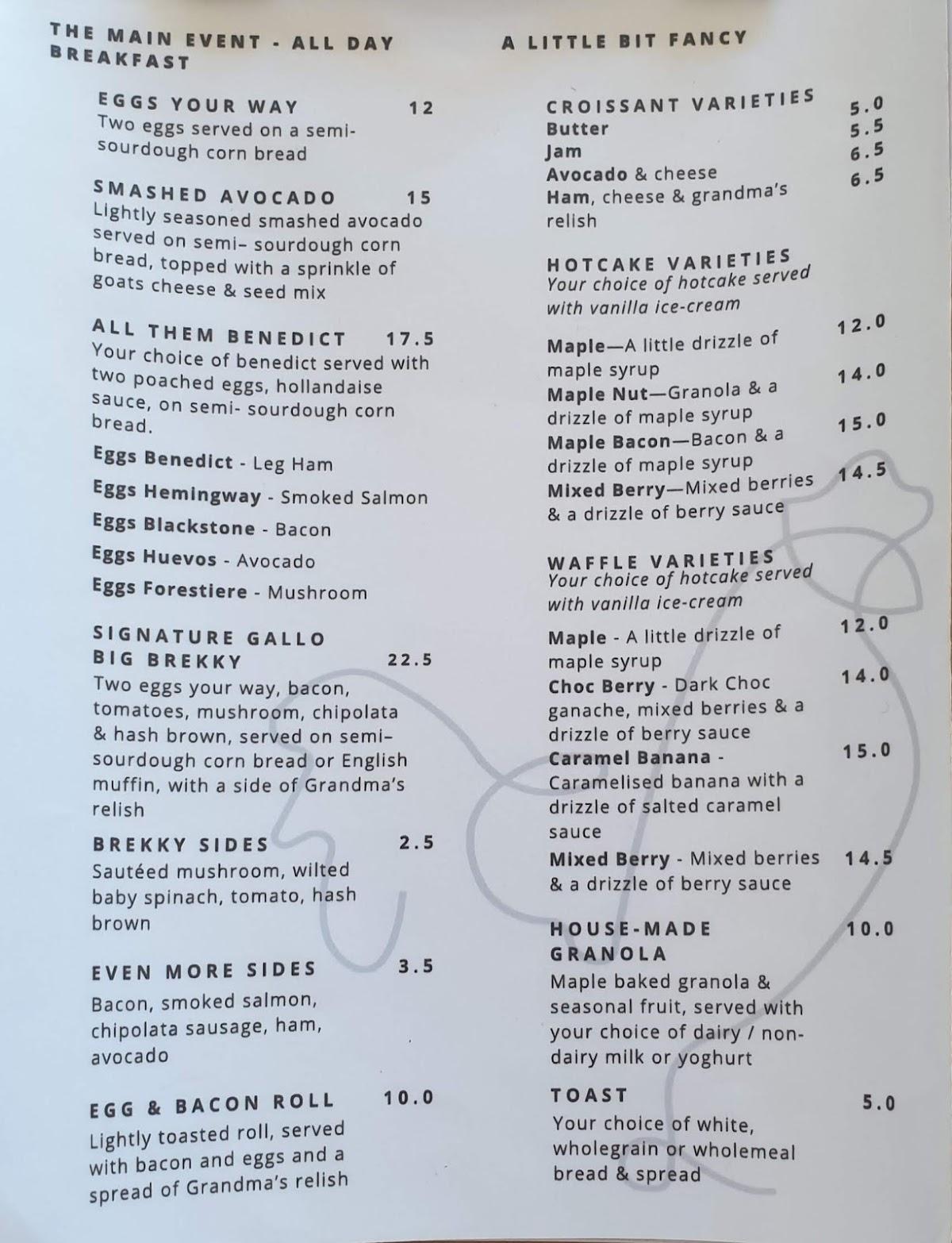 Menu at Gallo Coffee Co. cafe, Golden Square