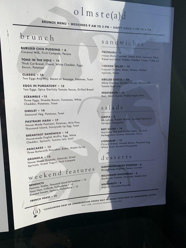 Menu at Olmstead pub & bar, Seattle