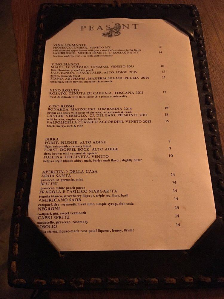 Menu at Peasant restaurant, New York City, 194 Elizabeth St