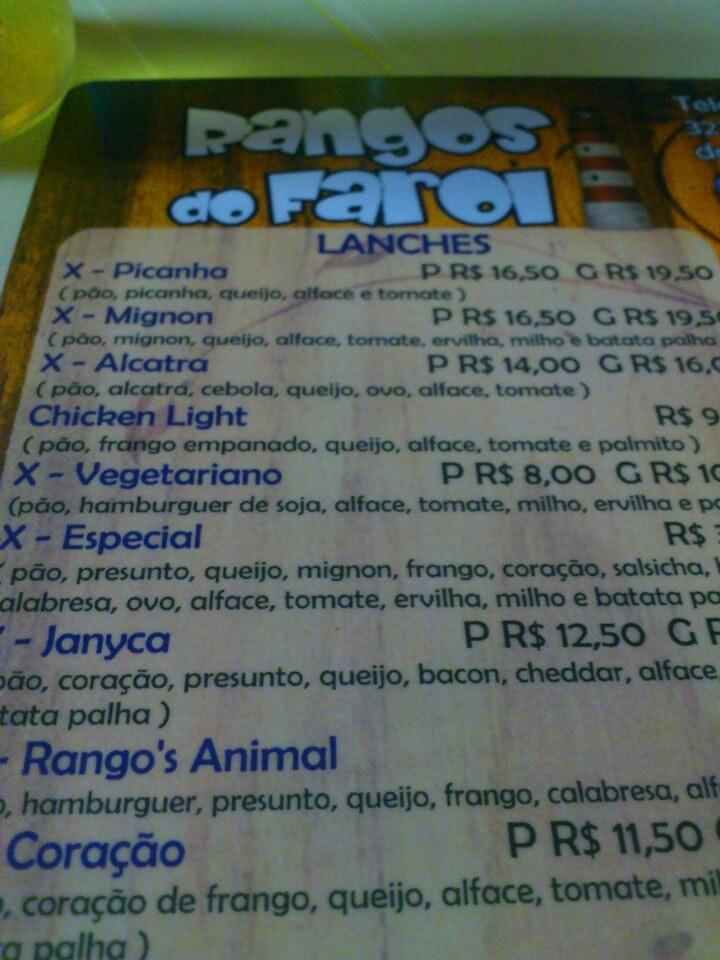 Menu at Rangos Do Farol fast food, Florianópolis, Av. Me. Benvenuta
