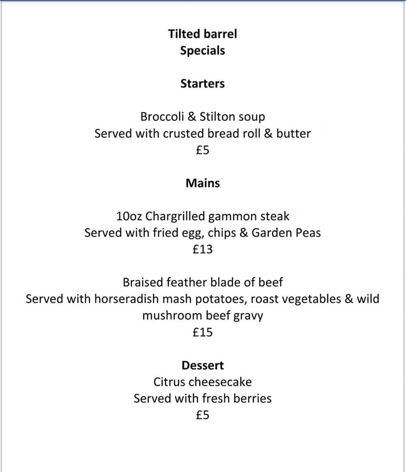 Menu at The Tilted Barrel, Grimsby, 2 Kirk Gate