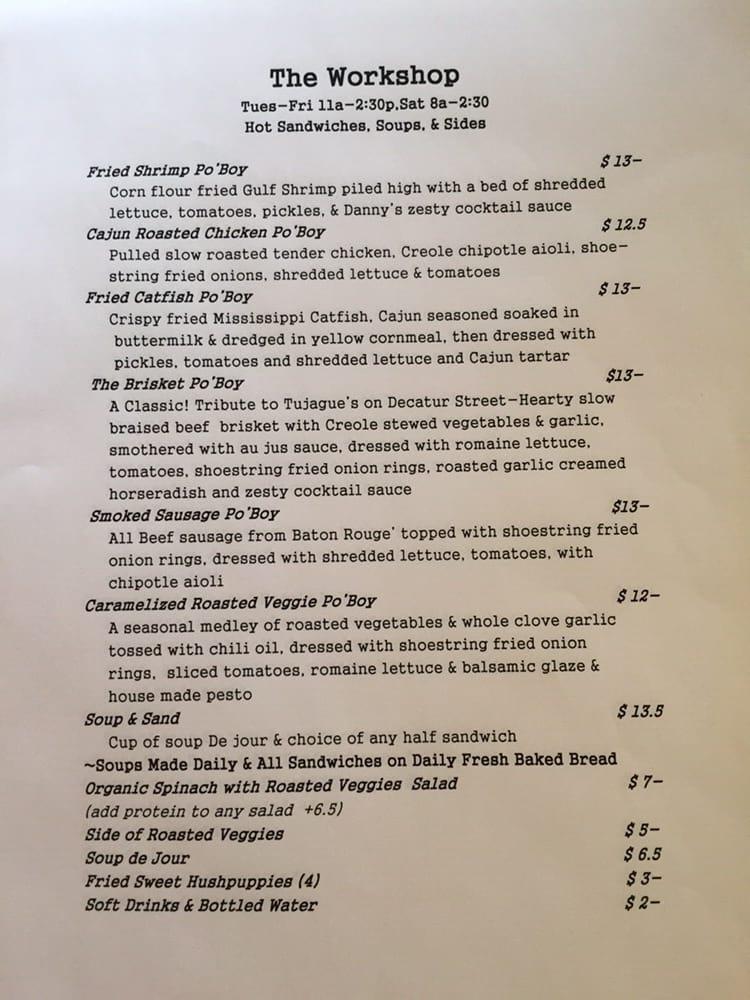 Menu at The Workshop restaurant, Benicia