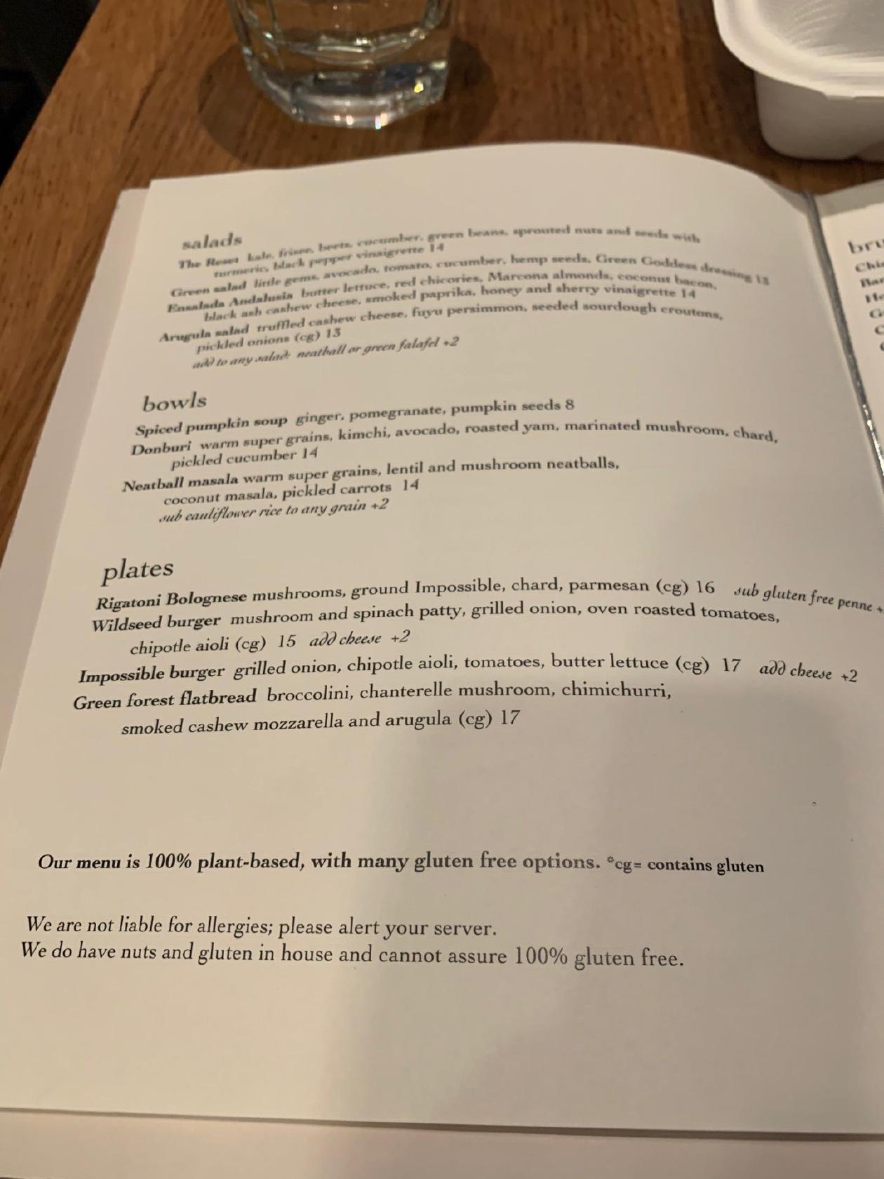 Menu at Wildseed pub & bar, San Francisco