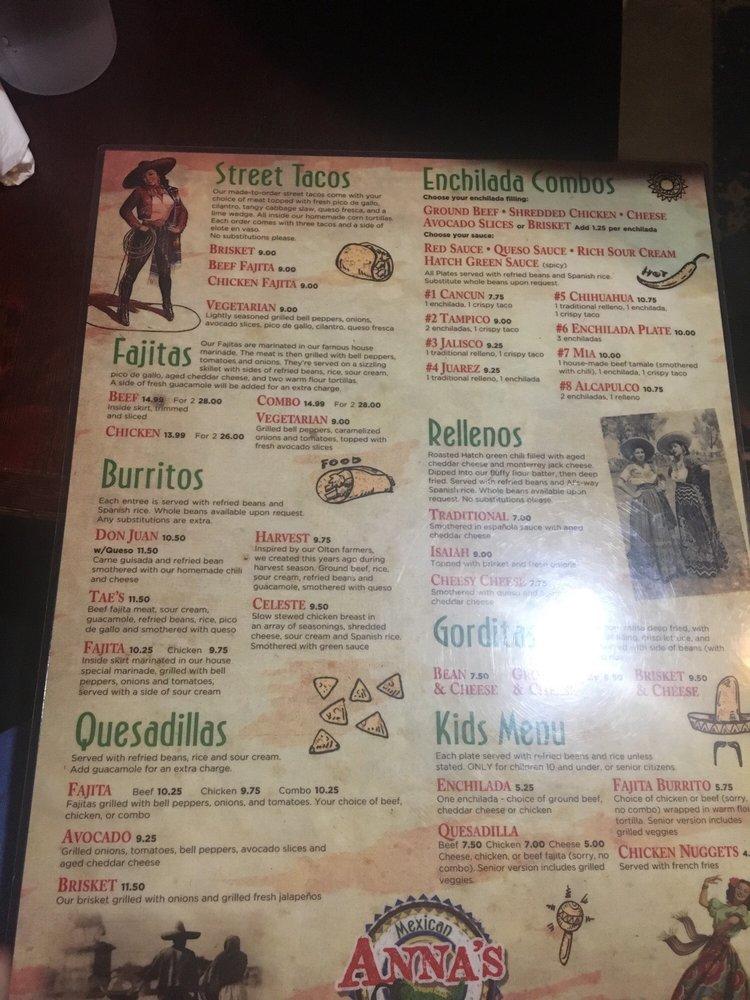 Menu at Anna's Mexican Restaurant, Lubbock